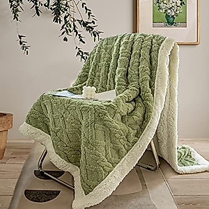 Plush Thick Sherpa Throw Blanket - Soft Warm Breathable Fleece Velvet Blanket with 3D Stylish Cable Pattern for Bed Sofa Recliner Chair - Fluffy Throw Size 50"×60", Sage Green
