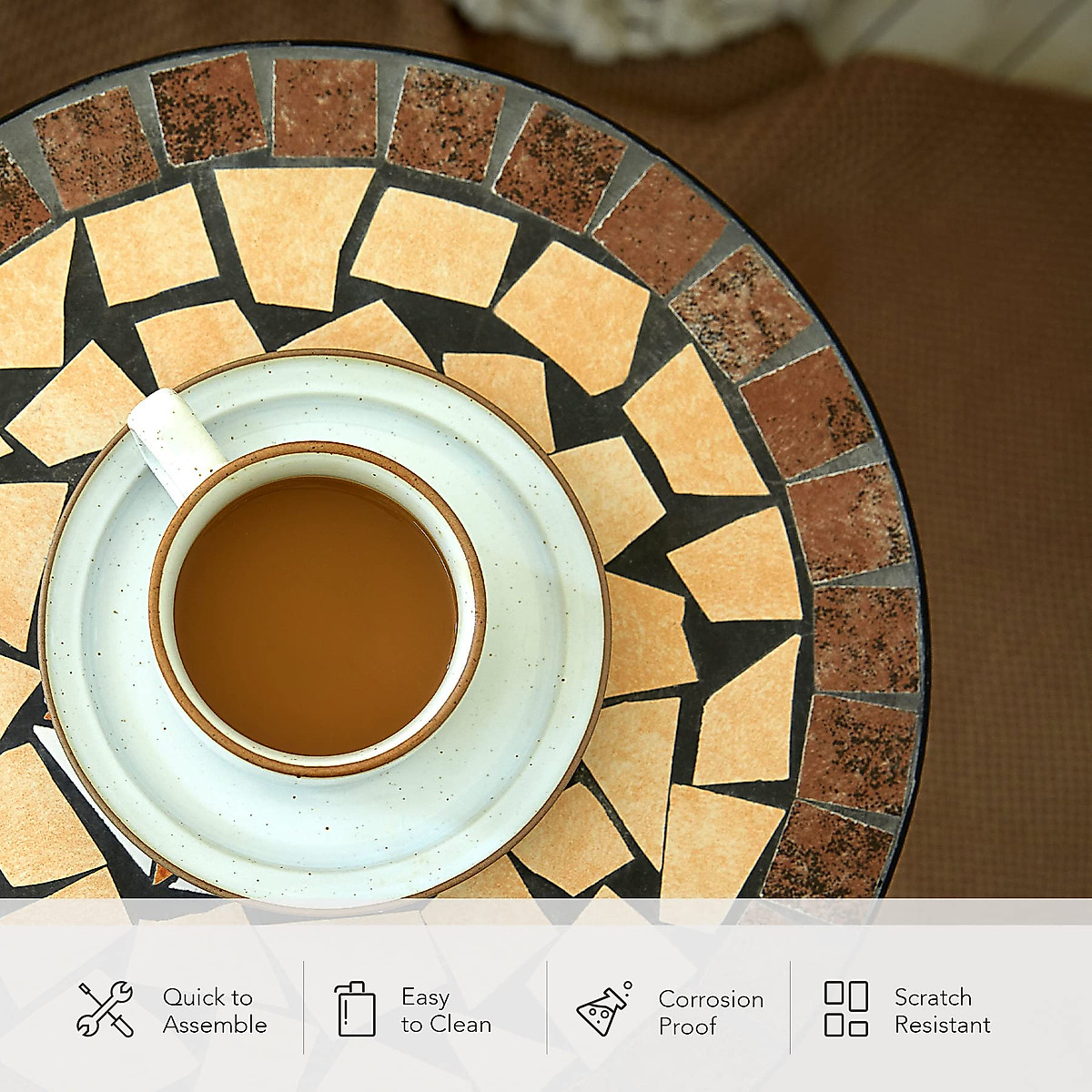 VONLUCE Mosaic Side Table and Plant Stand, 21" Round End Table with 14" Ceramic Tile Top, Indoor & Outdoor Accent Table, Porch Patio Furniture, Entryway & Coffee Table for Home & Garden, Maple