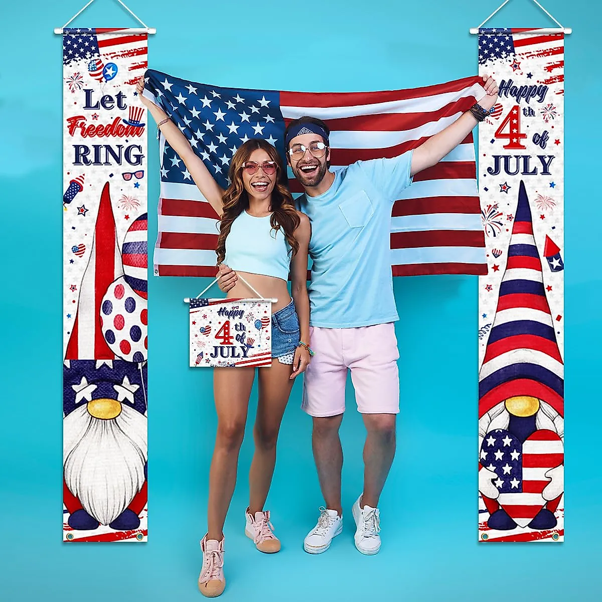 4th of July Gnomes Porch Sign Banner,4th of July Decorations Patriotic Gnome Door Hanging Banner Supplies for Independence Day Memorial Day Party Decorations