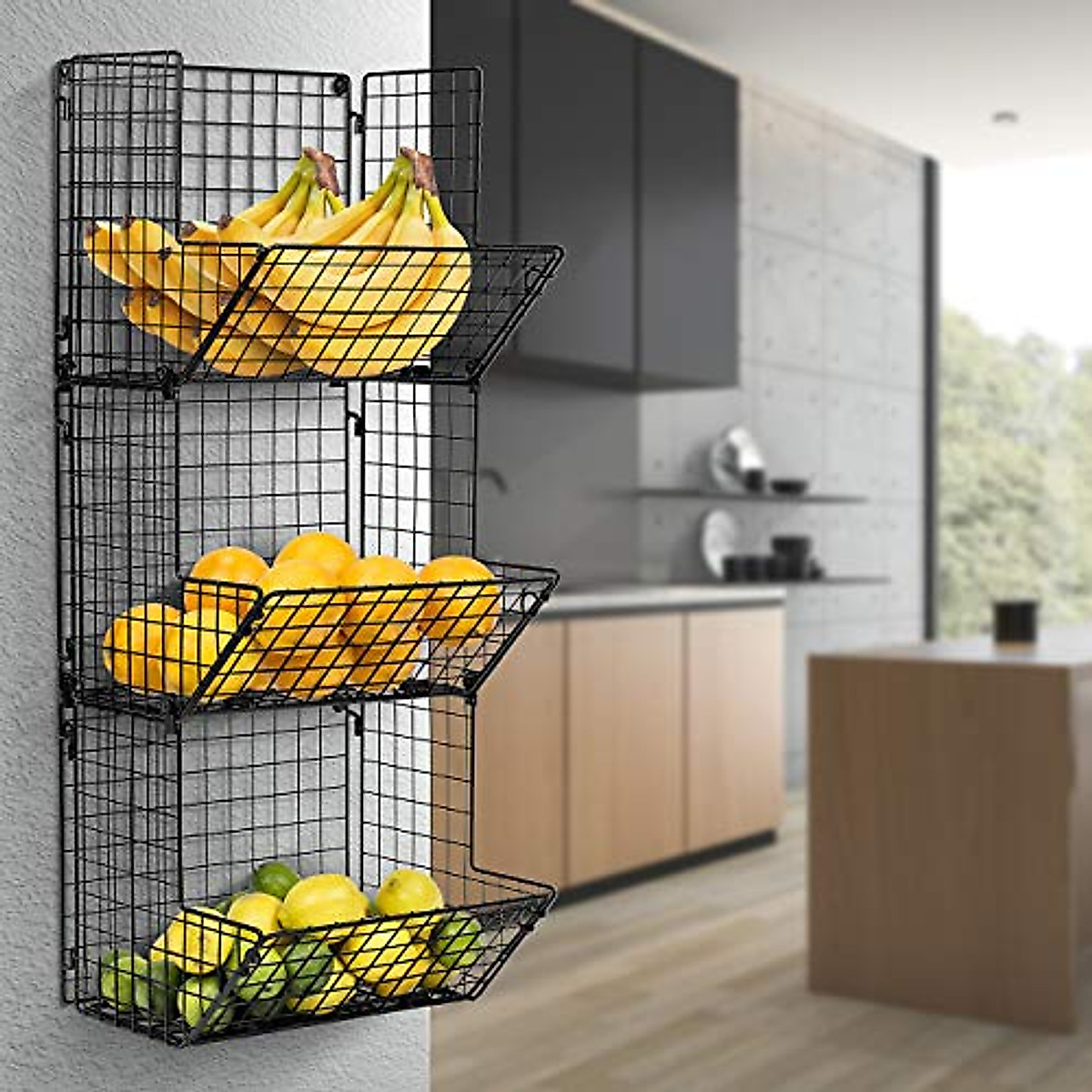 Sorbus Hanging Fruit Basket Wall Mounted Foldable Organizer for Kitchen Storage, Great for Produce Fruits and Vegetables & Potato's (Black)