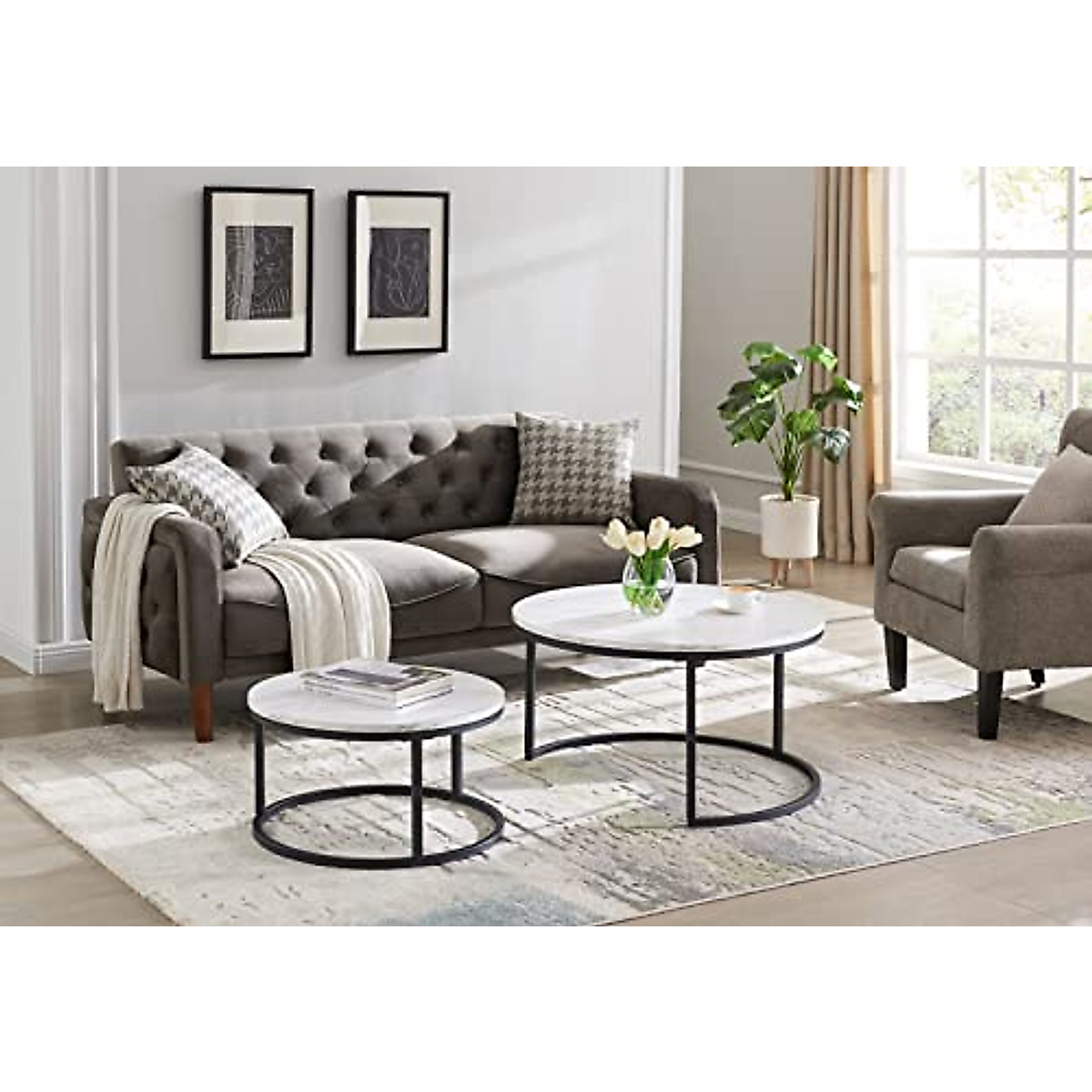 Modern Nesting Coffee Table Set of 2 for Living Room, Office, Balcony, Mid Century Round Wood Accent Coffee MDF Faux Marble Tabletop w/Black Color Frame, Gift for Thanksgiving Christmas -White