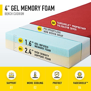 SUNROX Gel Memory Foam Bench Cushion with Ties, Ultra Durable Water Resistant FadeShield Outdoor/Indoor Universal Bench Seat Pads 48 x 16 x 4 inch, Burgundy