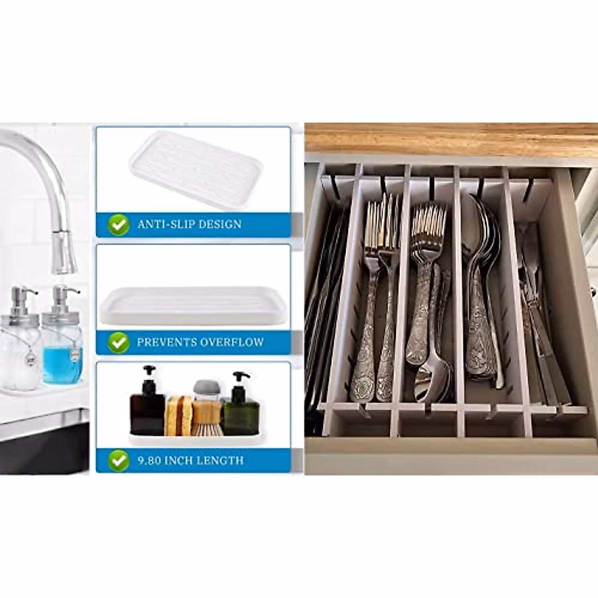 Kitchen Storage Set with 8pcs Deep Drawer Dividers (42cm x 9cm) and 1pc White Silicone Sponge Holder. A Clean Kitchen Gives a Good Mood by HGZYE