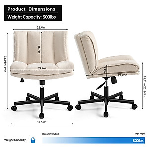 LEAGOO Criss Cross Chair with Wheels, Furry Armless Desk Chair, Comfy Wide Seat Cross Legged Office Chair, Stylish Height Adjustable Cute Swivel Vanity Chair for Home Office, Make Up, Cream White
