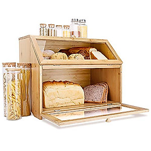 HOMEKOKO Double Layer Large Bread Box for Kitchen Counter, Wooden Large Capacity Bread Storage Bin (Natural Bamboo)