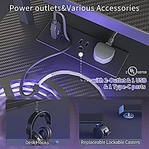 FEZIBO 63" Triple Motor L Shaped Standing Desk with LED Strip & Power Outlets, Height Adjustable Stand up Corner Gaming Desk with Ergonomic Monitor Stand, Black Carbon Fiber Top/Black Frame