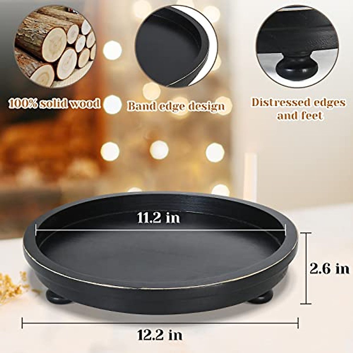 Unistyle Rustic Black Round Wood Tray, 12"