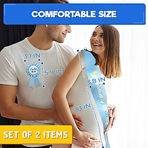 Baby Shower Sash for Mommy - Set of 2 Blue Satin Mommy to Be Sash with Dad to Be Pin, Elegant Glossy Texture with Gold Glitz Letters, Easy to Wear - Lightweight and Durable Baby Shower Decorations Boy
