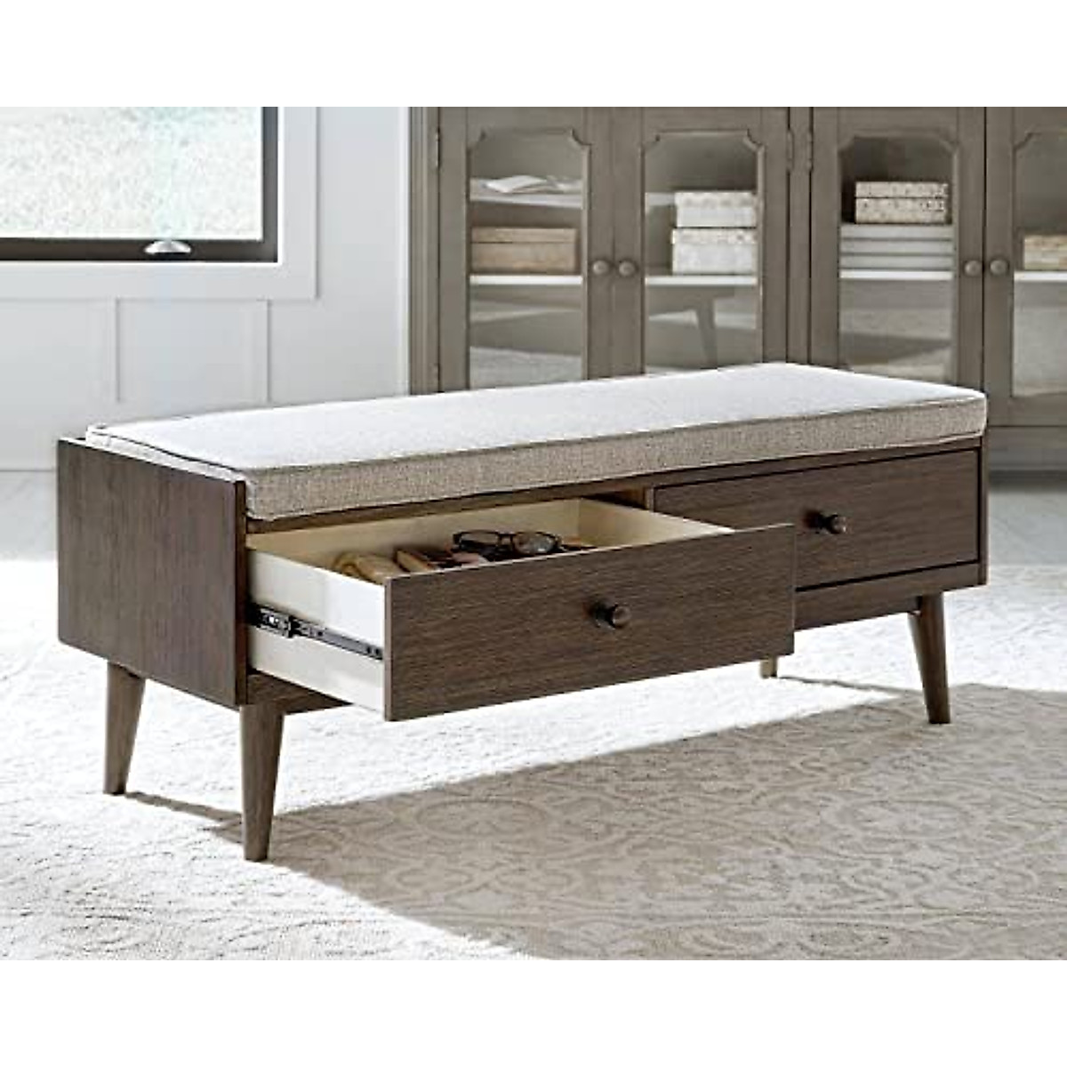 Signature Design by Ashley Chetfield Upholstered Mid-Century Modern Storage Bench, Brown