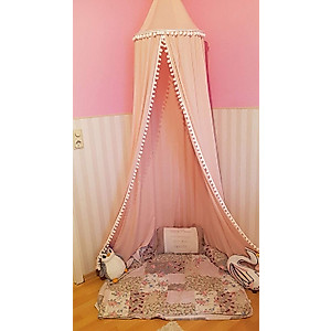 Bed Canopy for Girls Bed with Pom Pom, Cotton Dome Mosquito Net for Baby, Kids Indoor Outdoor Playing Reading, Bedroom Decoration (Peach Pink)