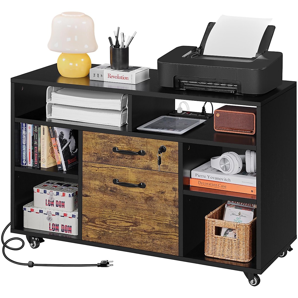 Yaheetech File Cabinet Filing Cabinets with Socket & USB Charging Port 2 Drawers Lateral Printer Stand for Letter Size A4 Size, Home Office Black/Rustic Brown