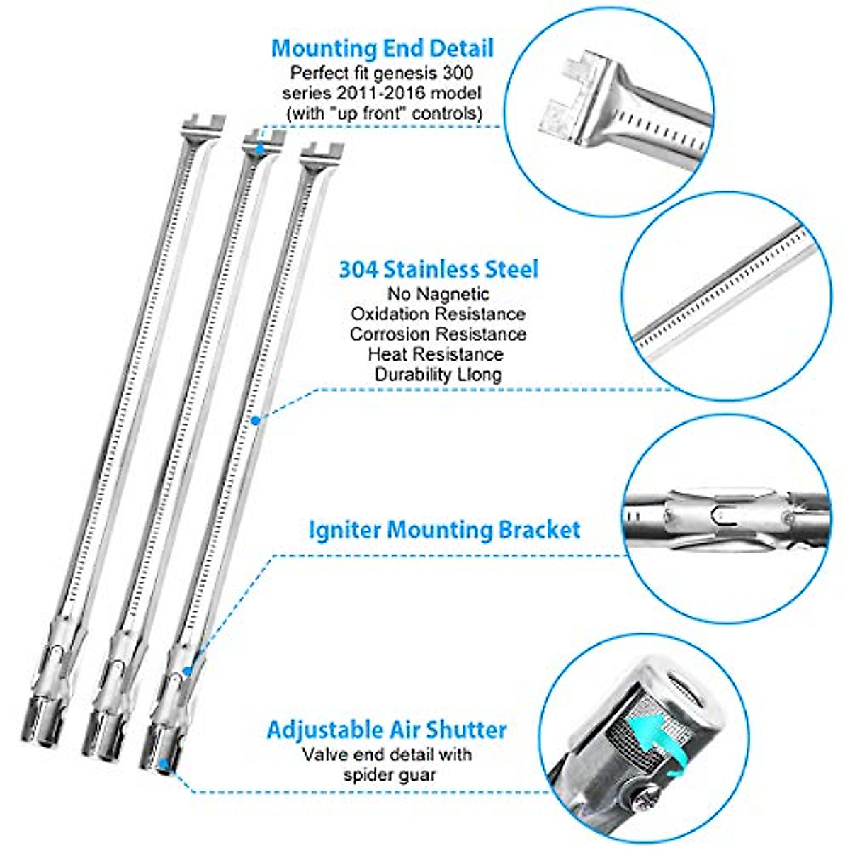 Burner Tube Kit Replacement for Weber with Front Control Knobs, 19 1/2" 304 Stainless Steel Burner Set Replace for Weber Genesis 310 E310 E320 EP310 Grill Parts 2011 to 2016 Model Years #62752