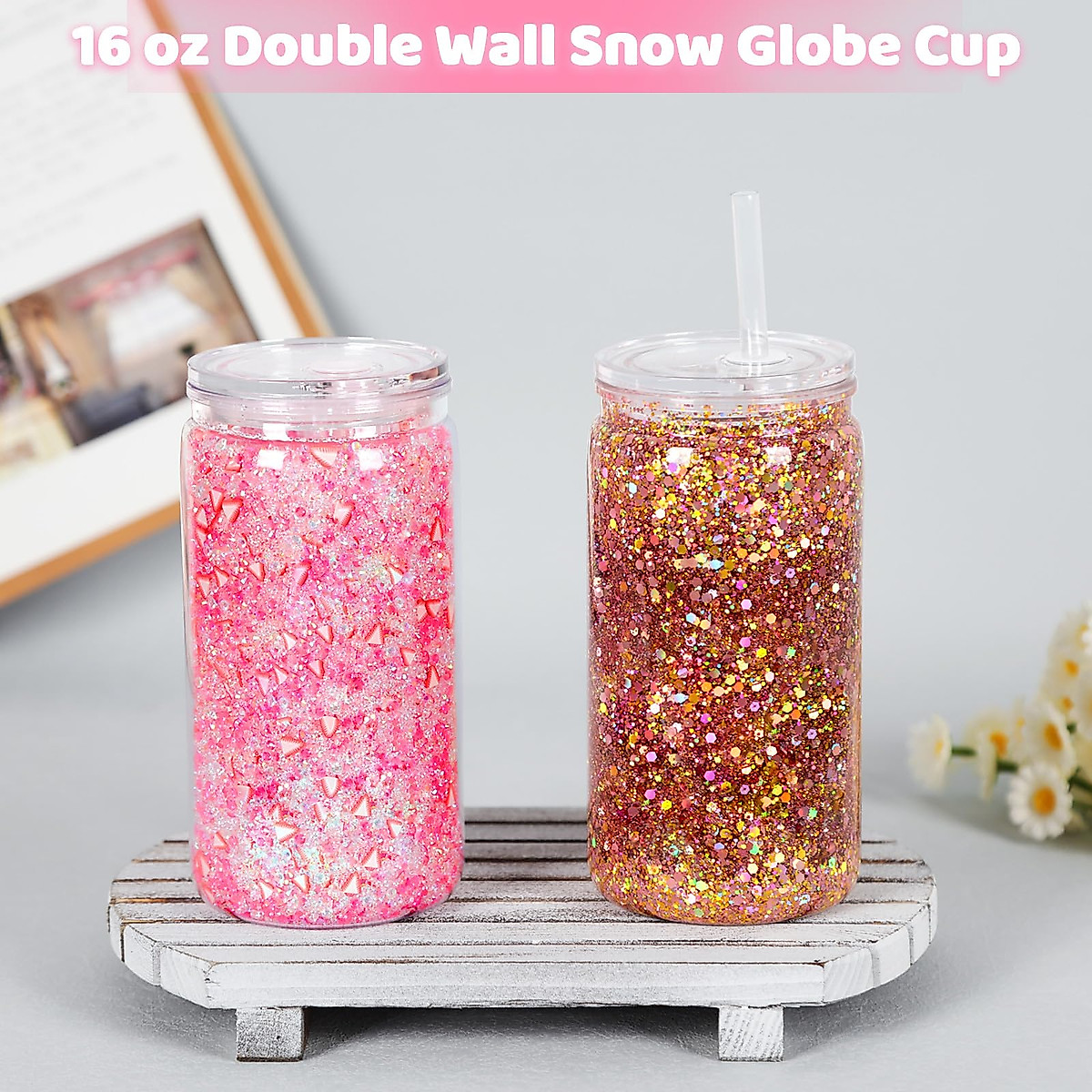 Tswofia 8 Pack plastic Snow Globe Tumbler, 16 Oz Double Wall Plastic Can with Lid and Straw, Plastic Mason Jar Mug for Snow Globe Glitter DIY Gift (Clear)