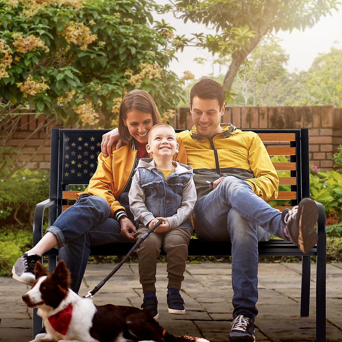 Attliahome 50" Outdoor Garden Bench, Cast Iron Metal Frame Patio and Porch Welcome Benches with American Flag Backrest and Weatherproof Seat, Park Decorative Memorial Bench (Black & Woodgrain Colors)