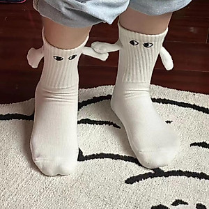 Holding Hands Socks,Funny Couple Magnetic Hand in Hand Mid Tube Socks,Novelty 3D Doll Socks Cute (A-2 Pairs White)