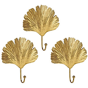 Towel Hook Brushed Gold Leave Shape Hook Brass Coat Robe Key Holder Decorative Hanger for Bathroom Kitchen Garage Wall Mounted (Pack of 3)
