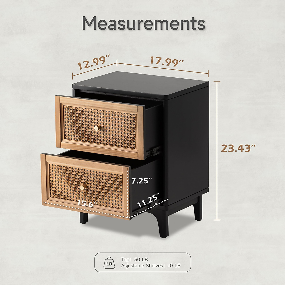 COZAYH Set of 2 Fully-Assembled 2-Drawer Woven Cane Front Accent Nightstand with Brass Knobs, Black