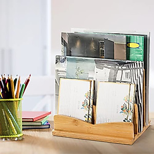 TOPZEA Mail Organizer Countertop, Bamboo Desk File Organizer Desktop File Holder 4 Slots Vertical Mail Sorter Holder file Rack Stand Letter Sorter Wood Desk Organizer for Envelope Document File Folder