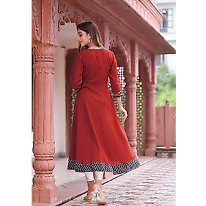 Yash Gallery Women's Cotton Slub Embroidered 3/4 Sleeve Round Neck Anarkali Kurtis (US, Alpha, Large, Regular, Regular, Maroon)