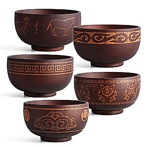 TANFEI Set of 5 Wood Cereal Bowls, Wooden Rice Miso Soup, Carved Mongolian and Tibetan Style, for Serving Food Salads Dip Coffee Tea, Farmhouse Rustic Tabletop Décor, color