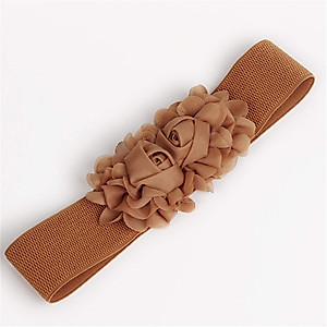 Andongnywell Women Flower Wide Waist Belt Elastic Stretch Rose Double Flower Belts for Dress High Waist Belts Waist Band (Camel)