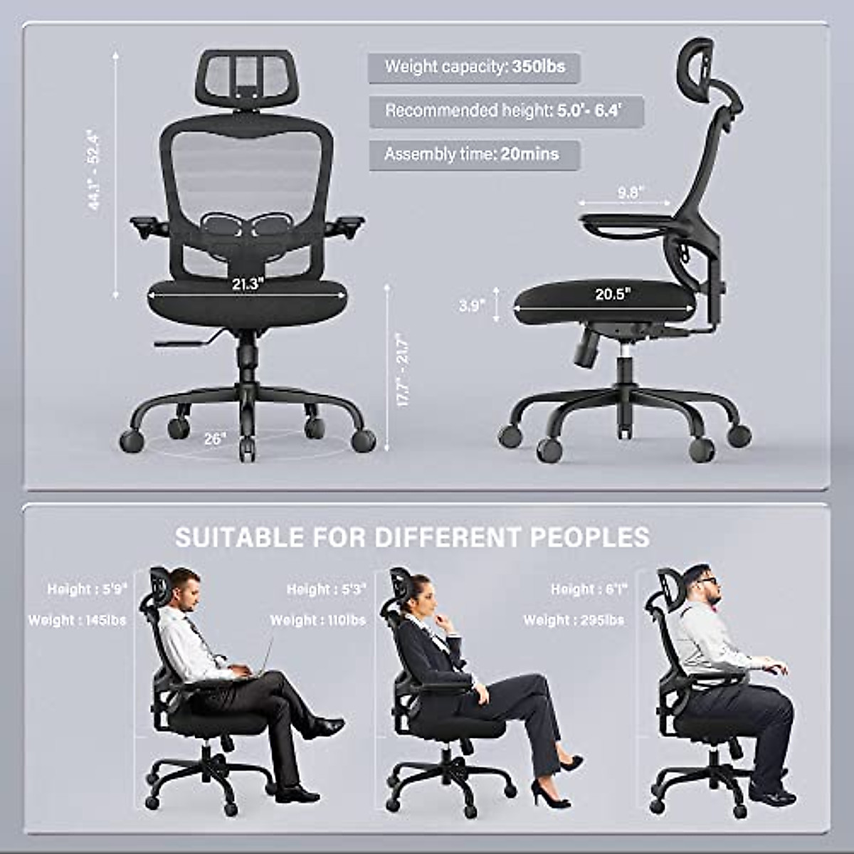 LANDOMIA Ergonomic Office Desk Chair - Mesh Office Chair with Flip up Arms & Adjustable Back Height - Comfortable Computer Task Chairs with Lumbar Support for Heavy People