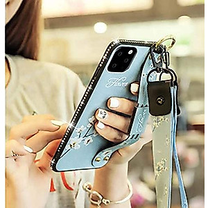 for iPhone 13 Pro Max Case Girl Woman Design,Luxury Glitter Cute Flower Slim TPU Bumper Cover with Loopy Ring,Foldable Wrist Strap Stand Phone Case with Neck Lanyard for iPhone 13 Pro Max 6.7'' Red