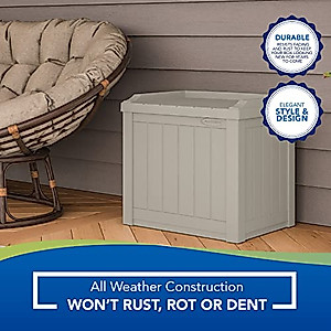 Suncast Small Deck Box-Lightweight Resin Indoor/Outdoor Storage Container and Seat Cushions and Gardening Tools Store Items on Patio, Garage, Yard, 22 Gallon, Light Taupe