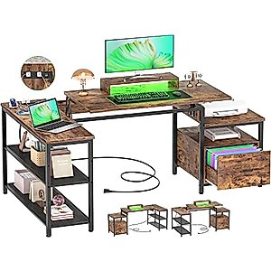 Aheaplus L Shaped Desk with Power Outlet, Standing Home Office Desk with Lift Top and File Drawer, 63'' Reversible Corner Computer Desk with Monitor Stand, Gaming Desk with Led Lights, Rustic Brown