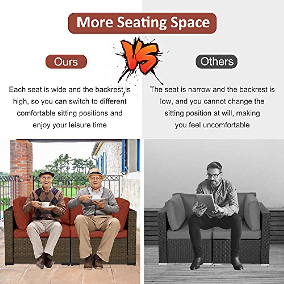 7 Pieces Outdoor Patio Sectional Sofa Set,Brown Wicker Furniture Set, Washable Seat Cushions with Zippers and Tempered Glass Table, Maple Red Cushion