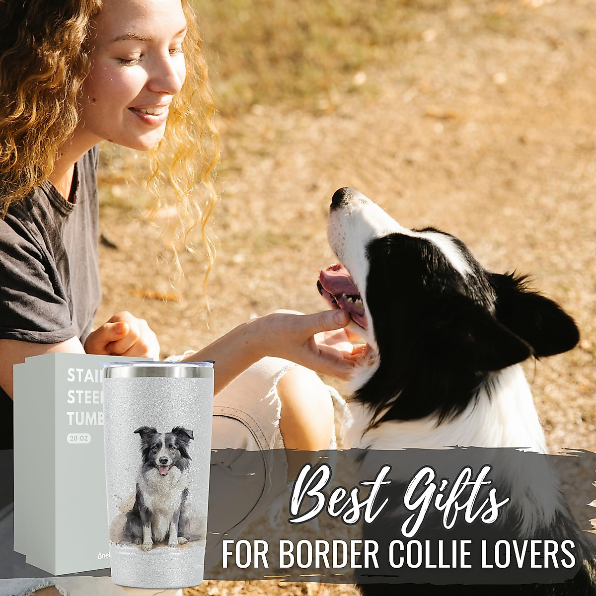 Onebttl Border Collie Gifts for Women/Men, Unique 20oz Border Collie Glitter Tumbler with Lid and Straw, Border Collie Gifts for Birthday, Christmas