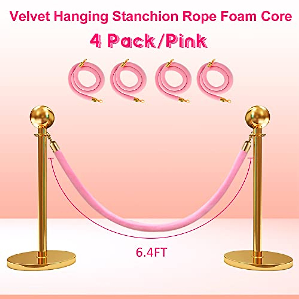 Vevitts 4 pcs Pink Velvet Stanchion 6.4FT Velvet Rope, Crowd Control Ropes Barrier with Polished Gold Hooks, Thick Stanchion Queue Barrier Rope