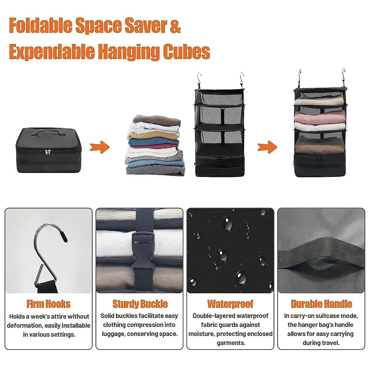 Caroeas Portable Hanging Travel Shelves Bag Suitcase Organizer Carry-on Closet Packing Cubes for Travel, 3-Shelf Suitcase Closet with 2 Hooks, Large Capacity, Black