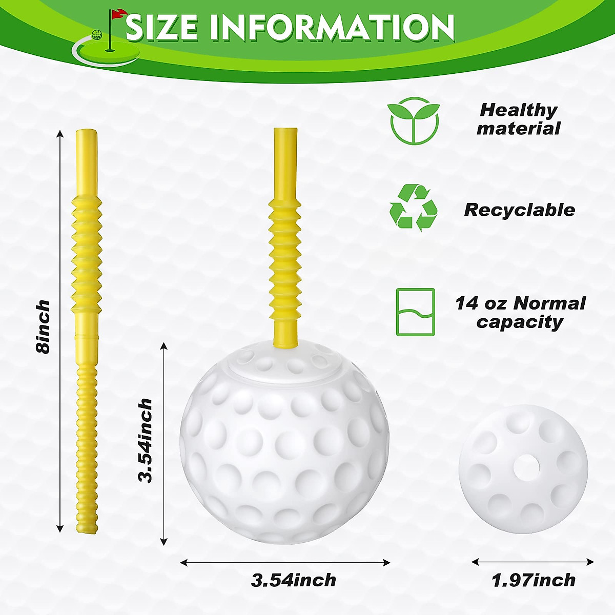 Golf Ball Cups with Lid and Straw - 14 oz Plastic Party Favors, Shaped Decorations for Drinking, Themed Parties (12)