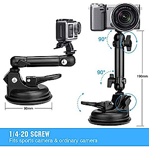 Heavy Duty Super Φ100mm Suction Cup + Adjustable Dual-Ball-Head Action Camera Dash Cam Phone Car Mount Windscreen Window Cockpit Holder for GoPro insta360 iPhone Hi-Speed Video Recording (1.5kg Load)