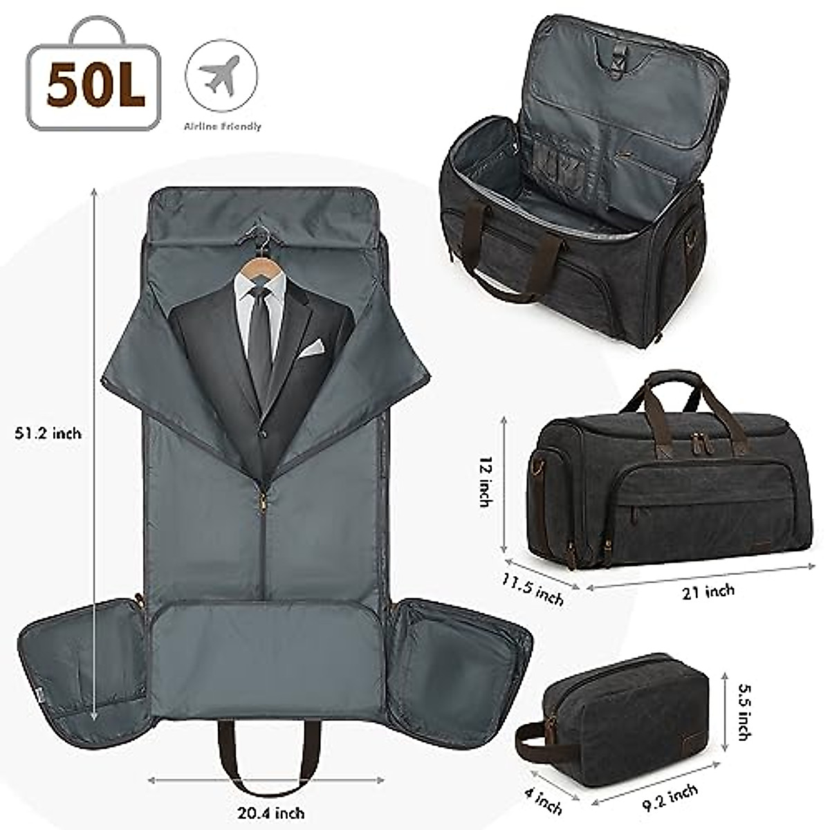 Carry On Garment Bag for Travel, S-ZONE Convertible Garment Duffle Bag Suit Bags for Men Women Travel- 2 in 1 Hanging Suitcase Business Travel Bag with Toiletry Bag (Black)
