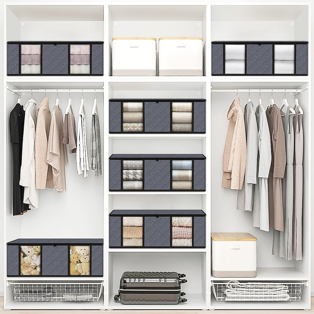 HomeHacks Storage Clothing Storage Bags, Storage Box Clothes Organizer with Clear Windows, Sturdy Handles Clothing Storage for Cloth, Toy, Bedding Storage, 6-Pack, Grey