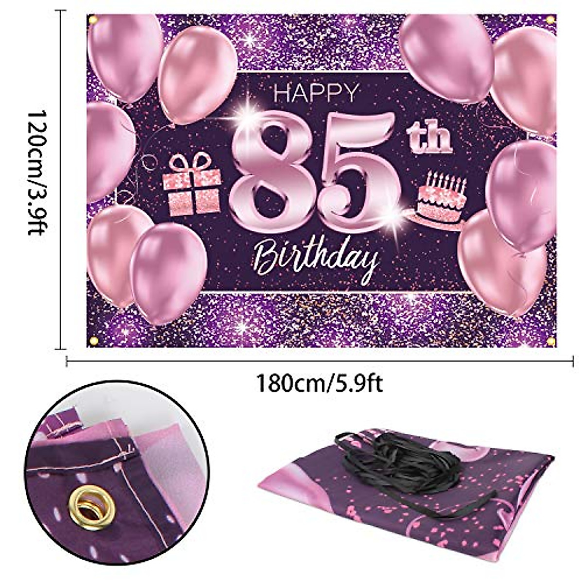 PAKBOOM Happy 85th Birthday Banner Backdrop - 85 Birthday Party Decorations Supplies for Women - Pink Purple Gold 4 x 6ft