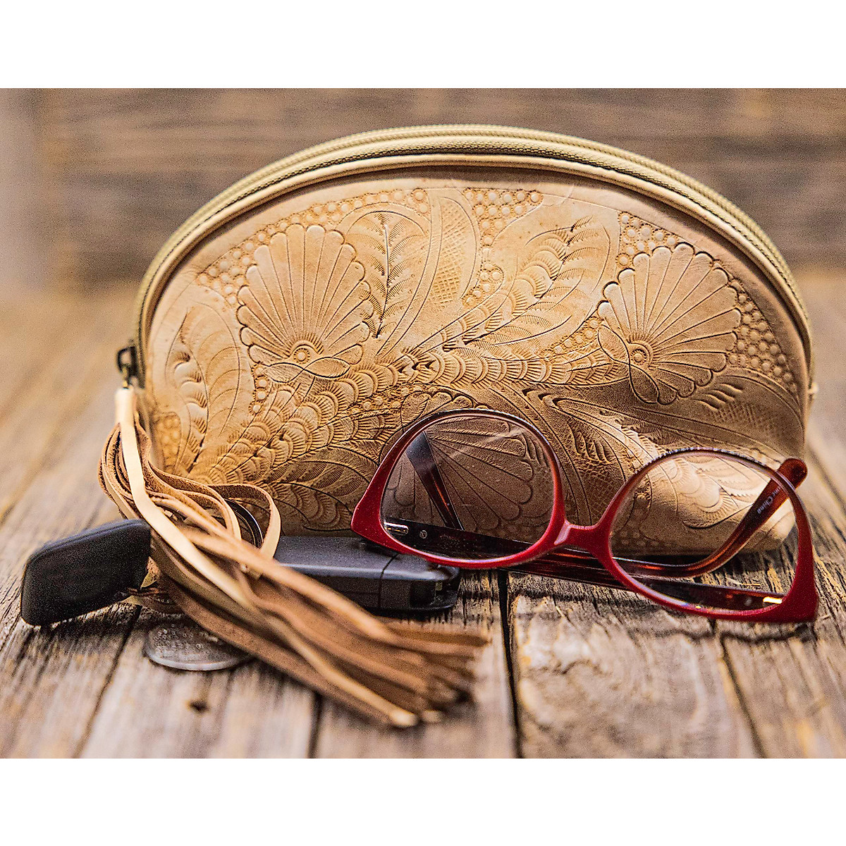 Womens Cosmetic Case, Leather makeup case, handtooled, toiletry and travel bag, zipper close, lined, tassel