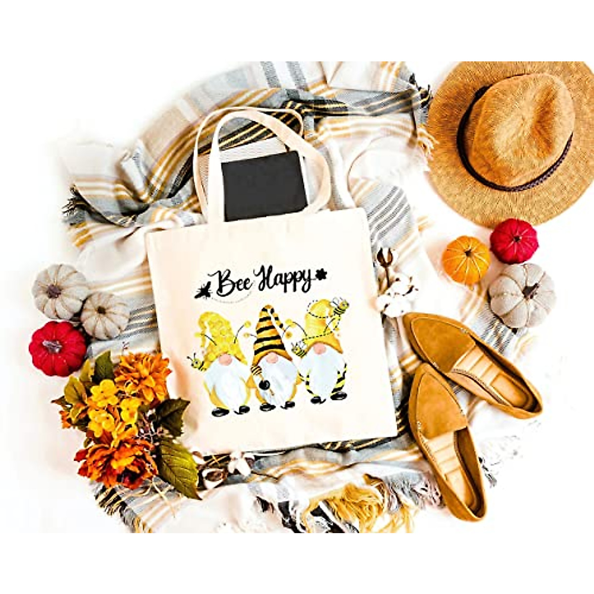 GXVUIS Bee Happy Canvas Tote Bag for Women Cute Gnomes Reusable Travel Grocery Shoulder Shopping Bags Girls Funny Gifts White