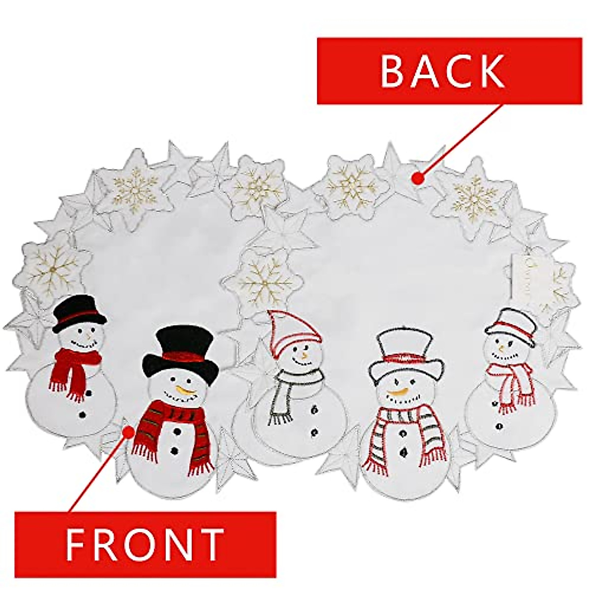 OWENIE Christmas Placemats Set of 4, White Snowman Round Place Mats for Holiday Kitchen Dining Table, Metallic Embroidered Cutwork Snowflakes for Kids, Xmas Party Decorations(4pcs, 15 inches Round)