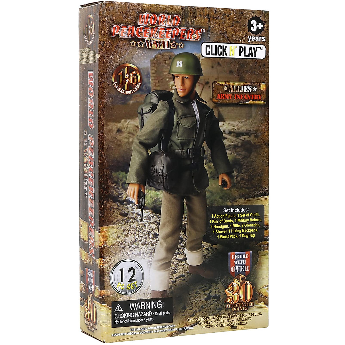 Click N' Play WWII Allies Army Infantry 12” Action Figure Plat Set with Accessories - Click N Play Military WW2 Toys