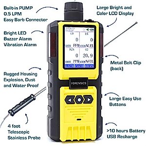 4 Gas Monitor by Forensics | Built-in Pump Multi Gas Meter | O2, CO, H2S, LEL | Color Display & Graphing | USA NIST Calibration | Computer Data Logging |
