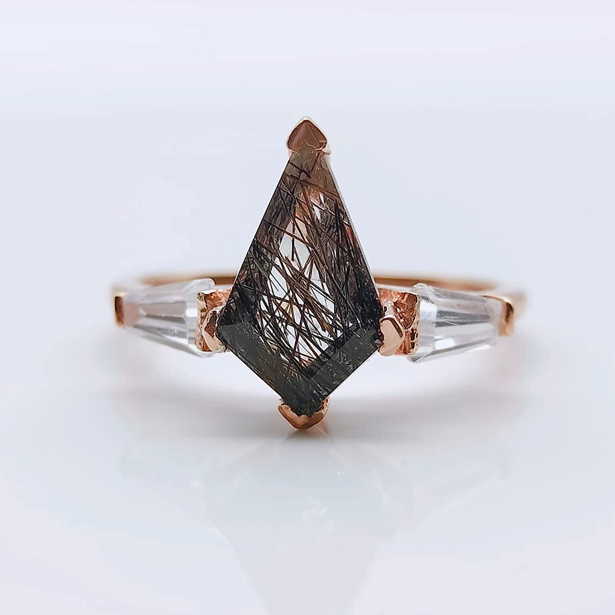 Rings For Women Black Rutilated Quartz Kite Cut Ring Art Deco Moissanite Ring Unique Designer Bridal Gift Beautiful Wedding Ring BY FOREVER GEMS & JEWELS