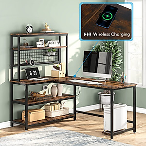 Tribesigns 55" Large Computer Desk with Wireless Charging 5 Storage Shelves, Office Desk Study Table Writing Desk Workstation with Hutch Bookshelf for Home Office (Brown)