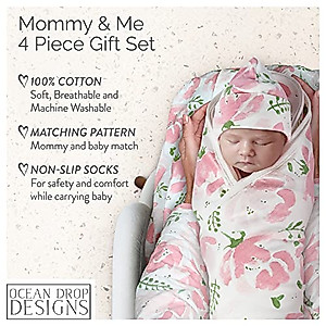 Ocean Drop 100% Cotton Mommy and Me Robe and Swaddle Set - Maternity Robe for Hospital - Delivery Gown for Hospital Maternity 4pc Set (Robe, Socks, Baby Swaddle Blanket, Baby Hat & Gift Box)