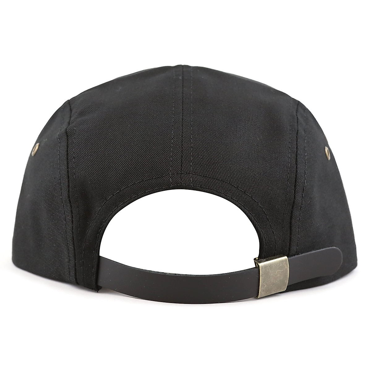 The Hat Depot Made in USA 5 Panel Genuine Leather Brass Closure Flat Brim Biker Cap (Black)
