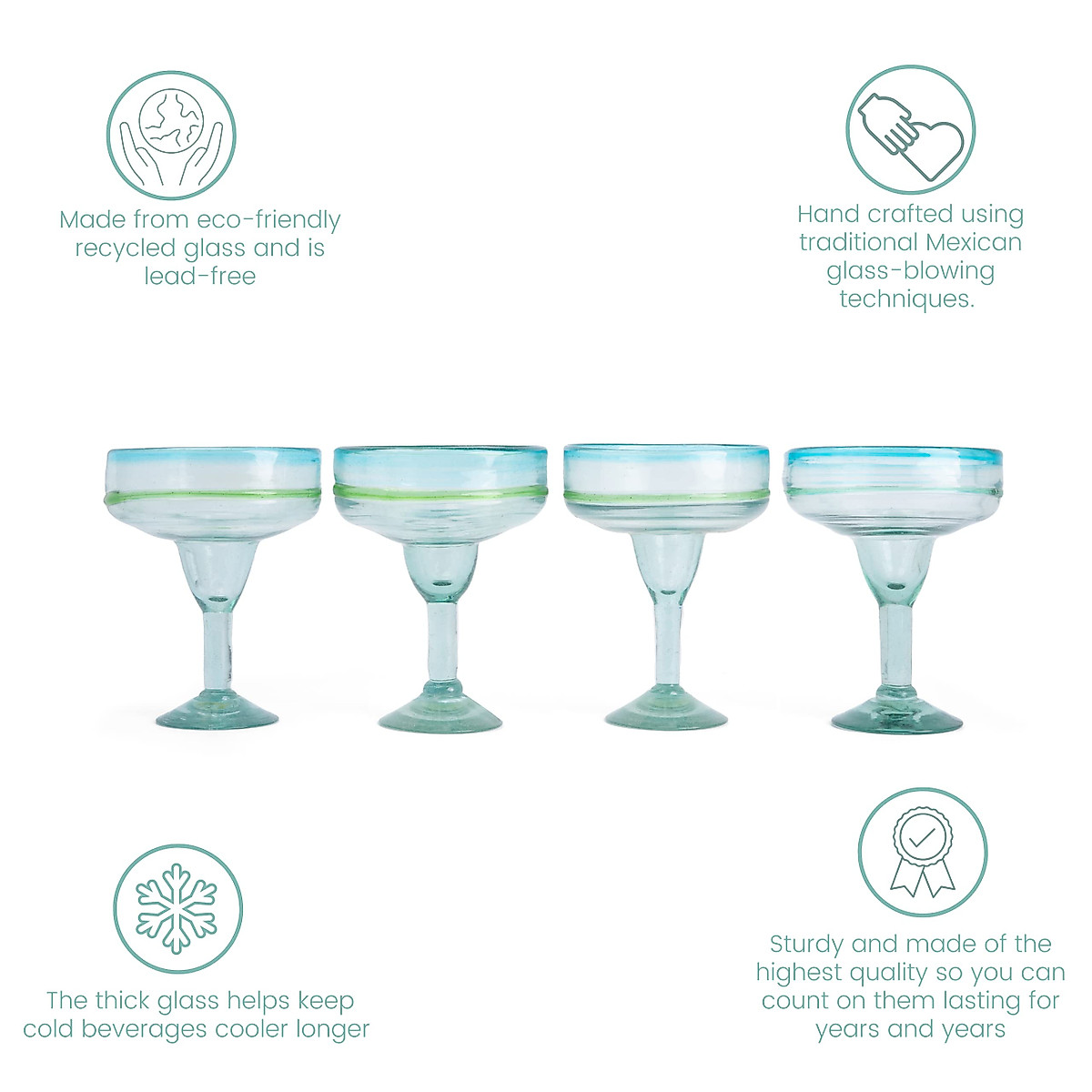 MyCajita Mexican Glassware, Aqua Rims 10oz Margarita Glasses, Set of 4 Unique Hand Blown Glass, Handcrafted by Talented Artisans Thick & Sturdy Easy to hold