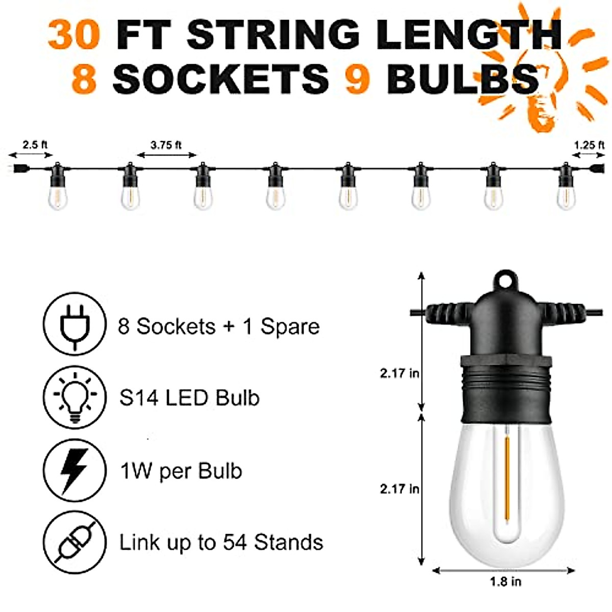 Jerritte 30ft Outdoor String Lights, LED String Lights 8 Bulbs, Upgrade 2700K Warm White Light Ambience Patio Lights for Outside