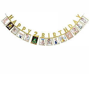 Labakita Happy 2nd Birthday Photo Banner - Baby 2nd Birthday Photo Frame Photo Banner - Baby Boy or Girl's 2nd Birthday Party Decorations Supplies - Two Years Old Birthday Sign (Gold)